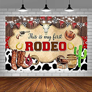 AIBIIN 7x5ft My First Rodeo 1st Birthday Backdrop Western Cowboy First Bday Photo Photography Background Cow Print Wild West Rustic Wood Boot Hat Party Decorations Banner Photo Shoot Studio Props