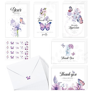 WATINC 60pcs Funeral Thank You Cards with Envelopes and Stickers, Purple Butterfly Bereavement Card Express Your Condolences, Memorial Sympathy Cards with Message Inside for Beloved Friends Family