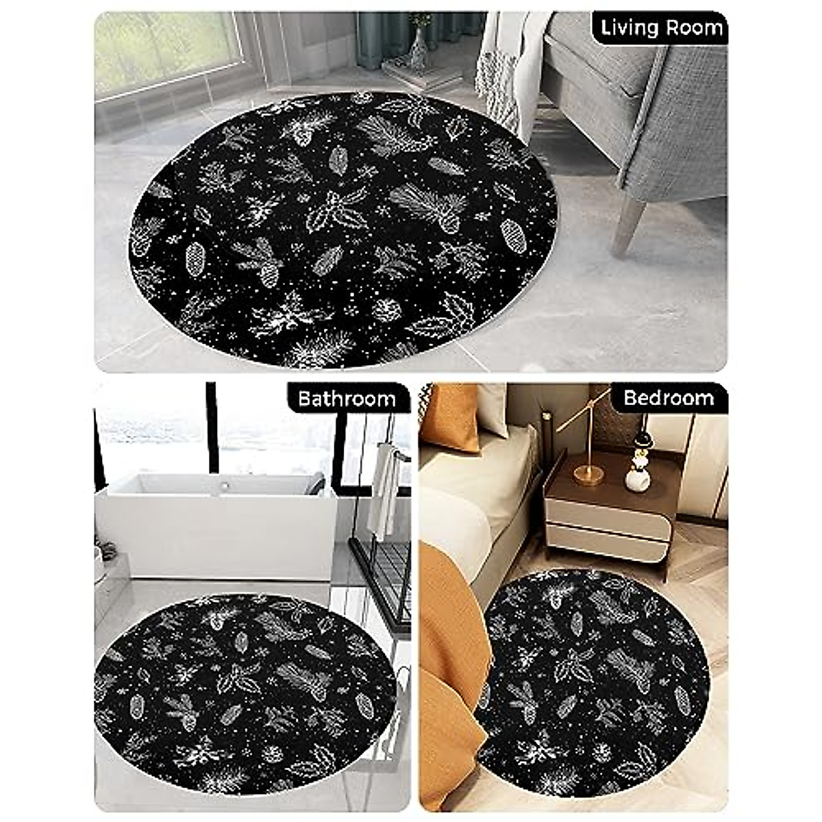 Christmas Flower Fluffy Round Area Rug Carpets 3.3ft, Plush Shaggy Carpet Soft Circular Rugs, Non-Slip Fuzzy Accent Floor Mat for Living Room Bedroom Nursery Decor Black White Pine Tree Leaves Cone