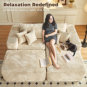 ovios 80" Oversized Sectional Lounge Chaise with Removable Ottoman,No Assembly Required,Cloud Plush Loveseat with Reclining Sofa Bed,Fluffy Modern Sleeper Chair for Indoor Living Room Bedroom, Beige