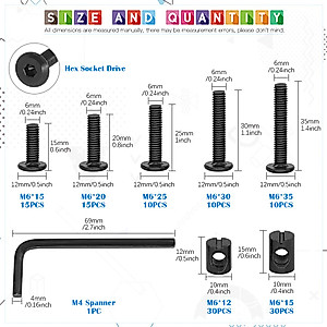 Glarks 120Pcs M6x15/20/25/30/35mm Black Hex Socket Cap Bolt Screws and Barrel Nut Assortment Kit with a Allen Wrench for Crib Baby Bed Cots Furniture