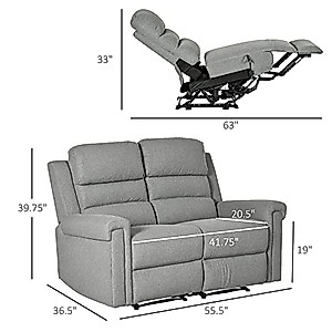 HOMCOM 2 Seater Recliner Sofa with Manual Pull Tab, Fabric Reclining Sofa, RV Couch, Home Seating, Gray