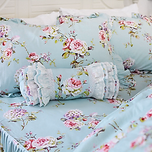 FADFAY Shabby Floarl Cotton Bedding Set Queen 4-Pieces Light Blue Hydrangea Print Duvet Cover Set with Bedskirt French Country Style with Ruffle -1 Duvet Cover, 1 Bedskirt, 2 Pillowshams