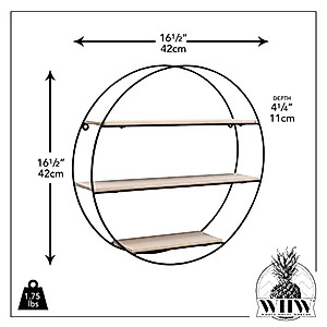 WHW Whole House Worlds Industrial Chic Round Metal Wall Shelf, 3 Levels, Inset Wood, Lacquered Black Iron, 16.5 Inch Diameter