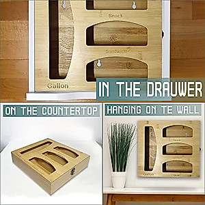 LUDING Ziplock Bag Storage Organizer,Bamboo Ziplock Bag Organizer for Drawer,Compatible with Gallon, Quart, Sandwich and Snack Plastic Bag Organizer Variety Size Bag(1 Box 4 Slots And a lock)