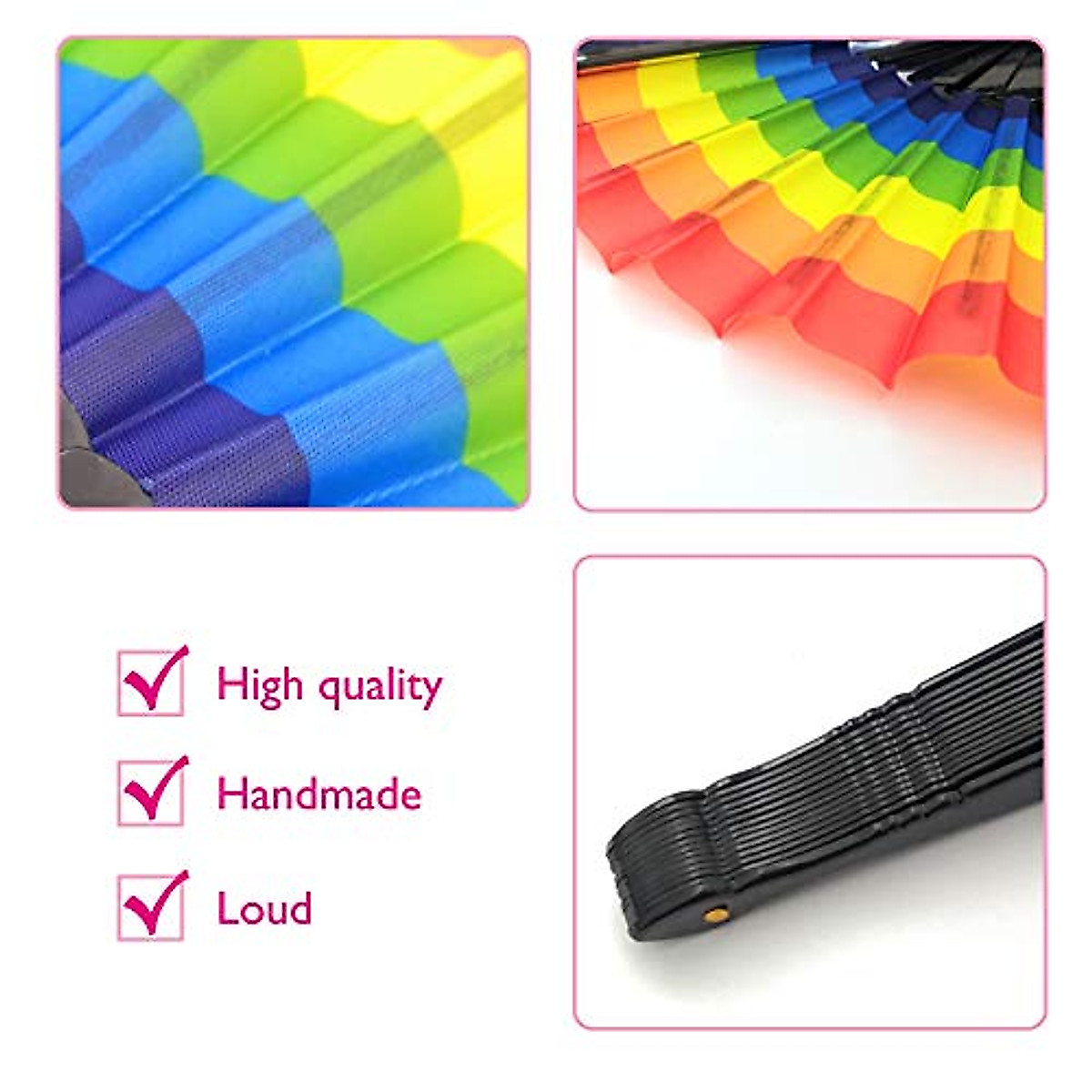 AMS Rainbow Hand Fans, Pride Fan Folding Hand Fan, Colorful Hand Held Fan, Plastic Folding Fan for Music Festival Events and Dance Supplies (10pcs Black Slats).