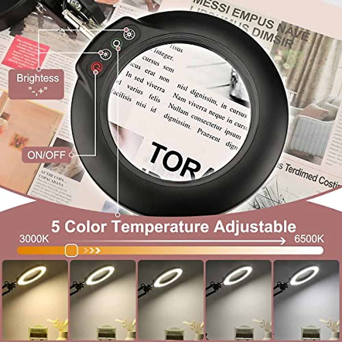 Veemagni 8X Magnifying Glass with Light, 5 Color Modes Stepless Dimmable, Adjustable Swing Arm LED Lighted Desk Lamp with Clamp, Hands Free Magnifier with Light and Stand for Craft Hobby Close Works