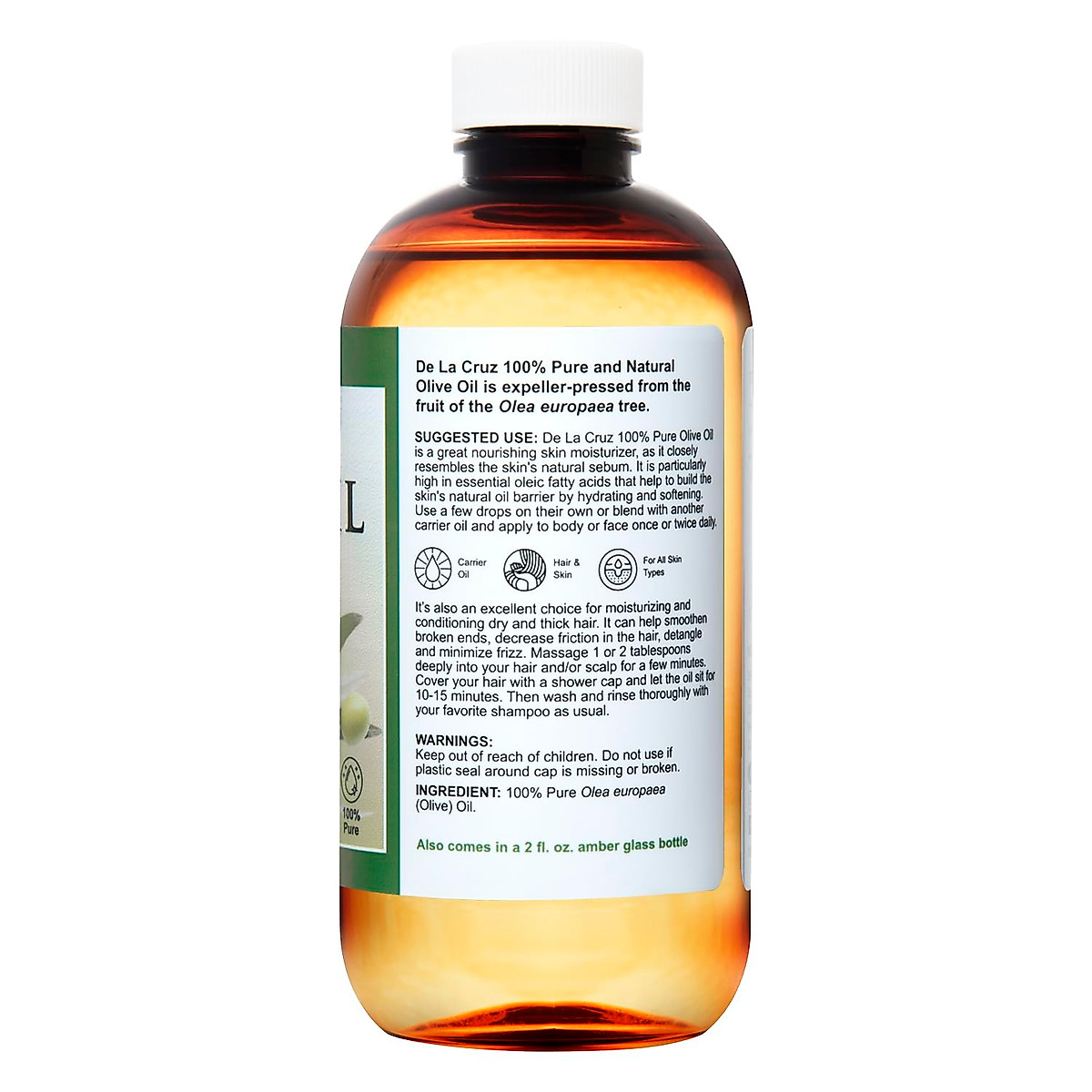 De La Cruz Pure Olive Oil - Natural Expeller Pressed Olive Oil for Hair and Skin - Lightweight Body Oil for Dry Skin 8 Fl Oz