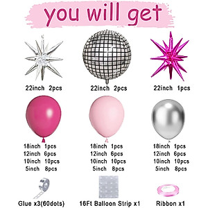 Hot Pink Silver Balloon Arch Kit, Silver Disco Ball Foil Curtains and Explosion Star Foil Balloon for Girl's 15/16/30th Birthday Princess 2024 Graduation Decorations
