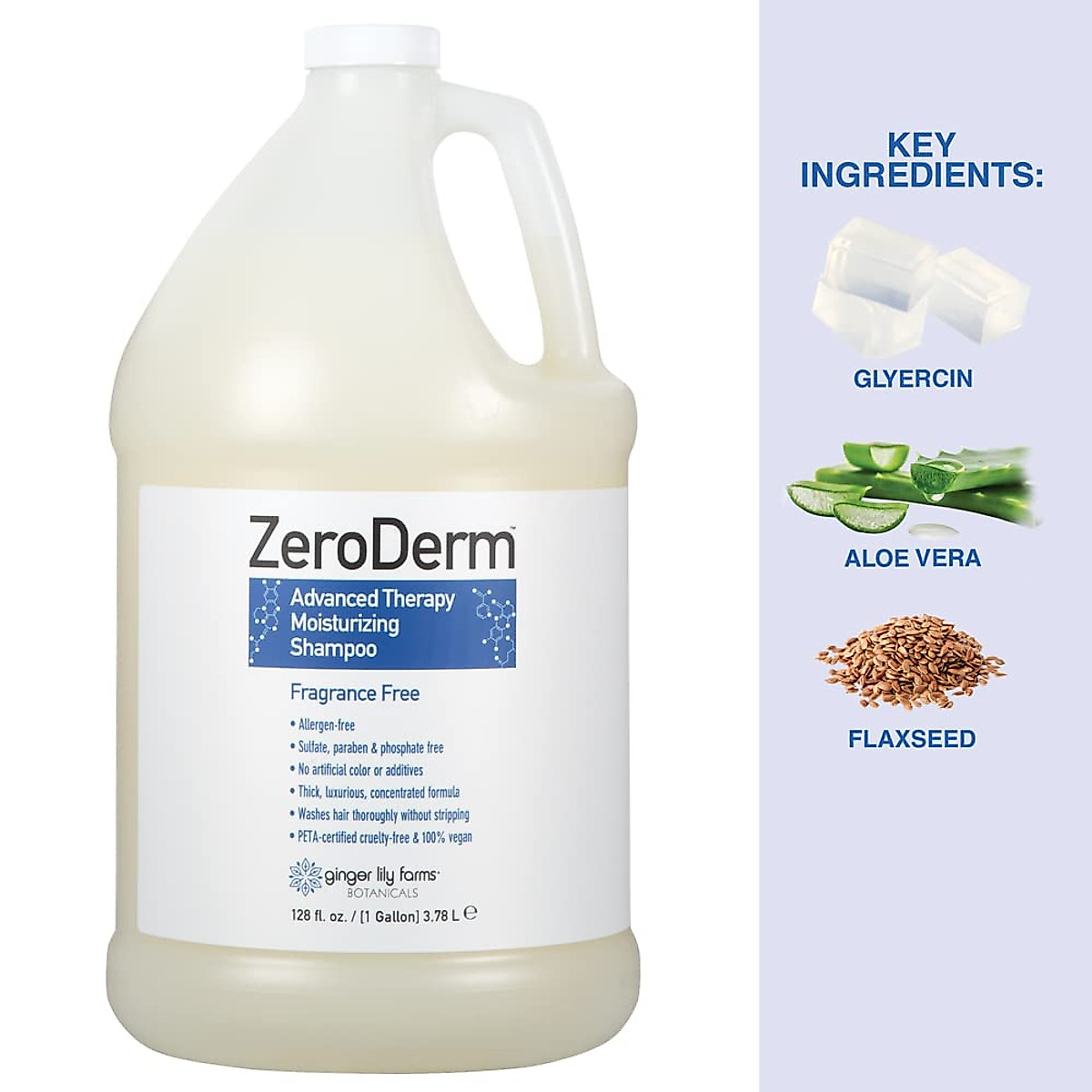 Ginger Lily Farms Botanicals ZeroDerm Advanced Therapy Moisturizing Shampoo for All Hair Types, 100% Vegan & Cruelty-Free, Fragrance Free, 1 Gallon (128 Fl. Oz.) Refill
