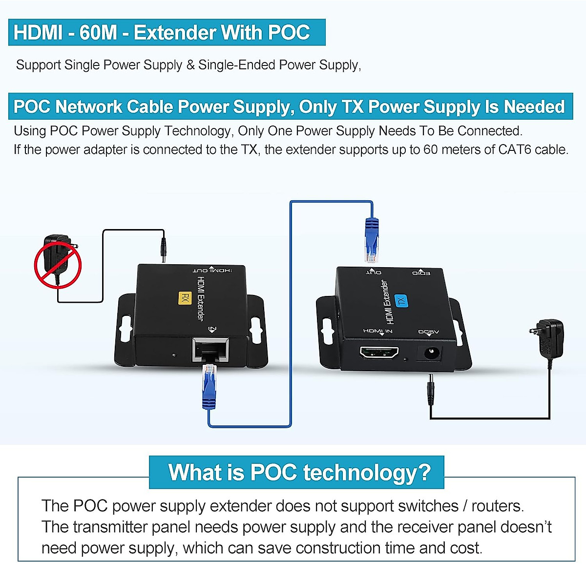 avedio links 196ft/60m HDMI Extender Over Cat 5e/6/7, 1080P HDMI Ethernet Extender Balun Adapter with Single POC Power Supply, Support 3D, EDID, Deep Color, Compatible with DVD, Fire Stick, Roku, PS5