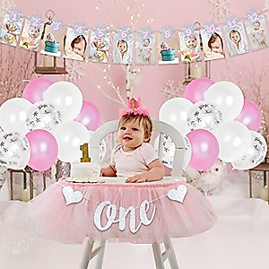 Winter Onederland Birthday Party Decorations Girl Pink Wonderland Snowflake 1st Birthday Party Supplies with Snowflake Photo Banner Winter Onederland Banner Cake Topper