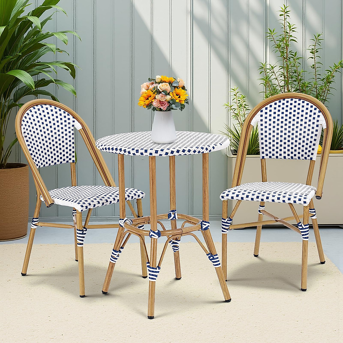 3 Piece Patio Bistro Set , French Wicker Outdoor Bistro Set with Round Table and 2 Dining Chairs , ‎Aluminum Wicker Furniture, All Weather Outdoor Patio Conversation Set for Garden Balcony Cafes Yard