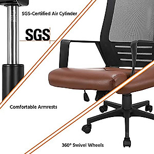 Yaheetech Mid Back Mesh Chair w/Leather Seat Executive Office Chair Computer Task Chair with Armrests Ergonomic Desk Chair with Lumbar Support, Brown
