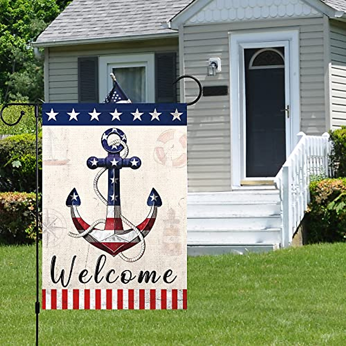 WODISON Patriotic 4th of July Memorial Day Garden Flag, American Anchor Vertical Double Sided Burlap Welcome Flag, Outdoor Decoration For Yard Home 12 x 18 Inch (ONLY FLAG)