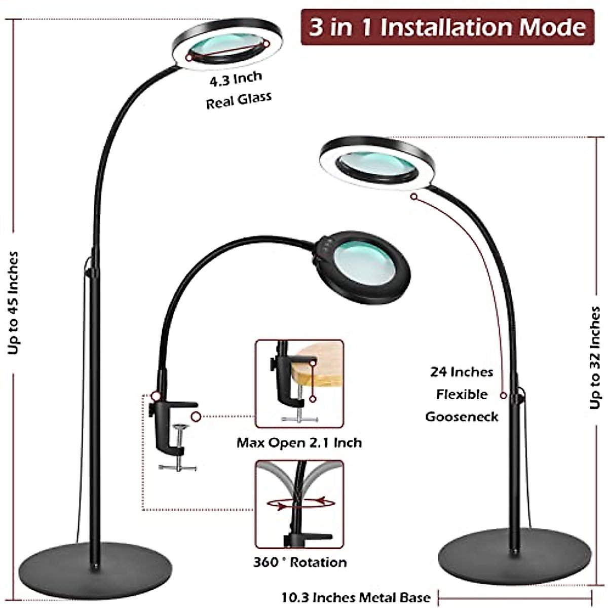 Veemagni 5X Stand Magnifying Glass with Light, 24" Flexible Gooseneck 5 Color Modes Stepless Dimmable Magnifying Floor Lamp, 3-in-1 Adjustable Lighted Magnifier Hands Free for Close Work, Esthetican