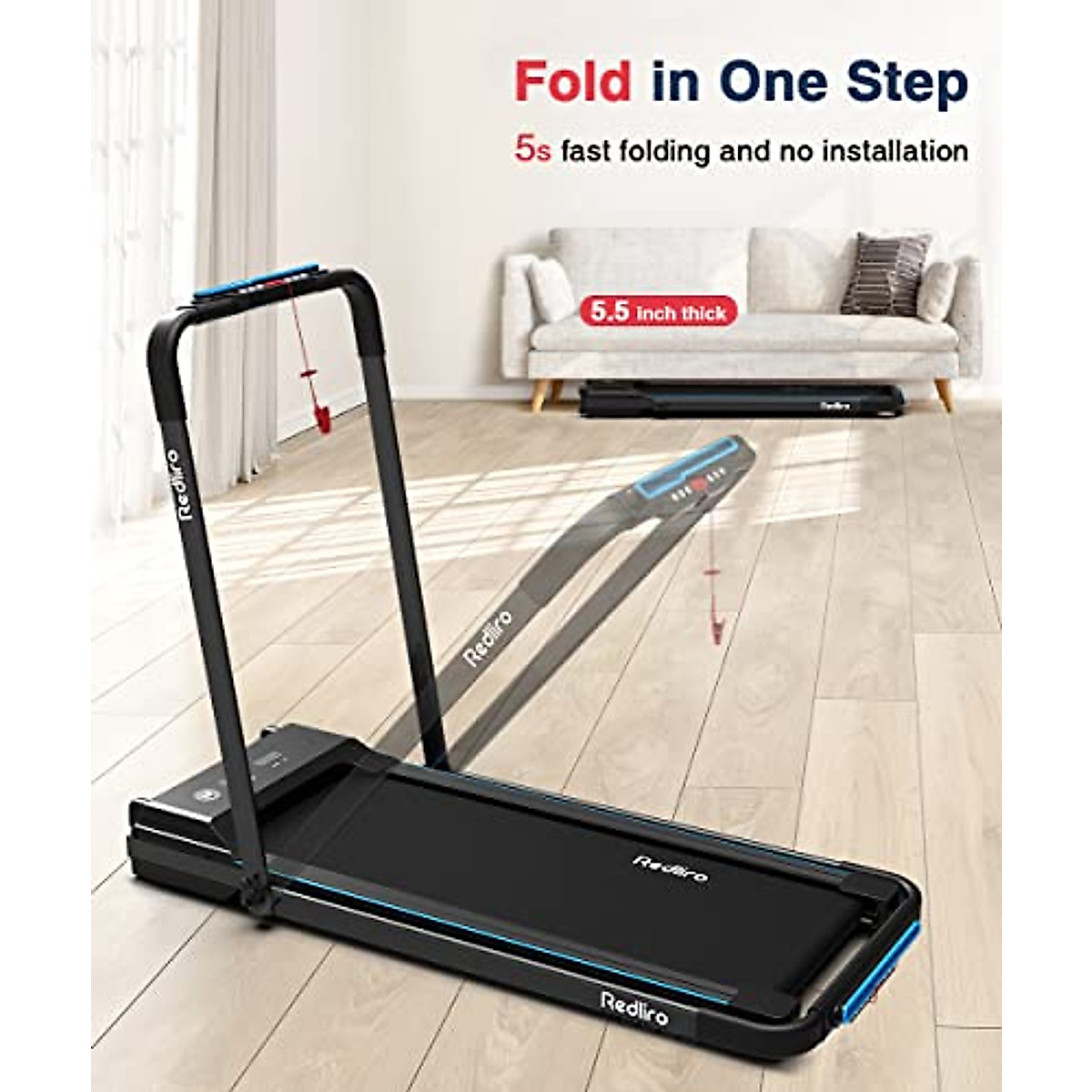 REDLIRO Under Desk Treadmill, 2 in 1 Motorized Portable Foldable Treadmill Compact Fold Up Walking Pad, Sturdy Folding Treadmill for Small Space with Remote Control, LED Display for Home & Office Use