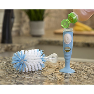 Nuby Easy Clean Dispensing Soft and Durable Bristle Bottle Brush with Textured Handles and Suction Base, 2 in 1 System, Green