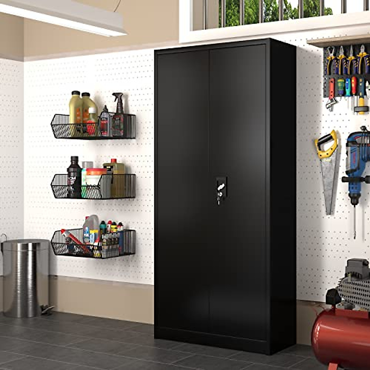 Fohufo Metal Storage Cabinet with Doors and 4 Adjustable Shelves, 72-Inch Large Space Lockable Steel Garage Cabinet for Home, Office, Living Room, Pantry, Gym, Commercial Storage