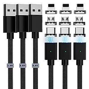 Magnetic Charging Cable 3A Fast Charging(3 Pack,3.3/6.6/6.6ft) 3 in 1 Magnetic Phone Charger Cable with LED Light, Nylon Braided Magnetic Cable, Data Transfer Cord for iProduct/USB-C/Micro-USB Device