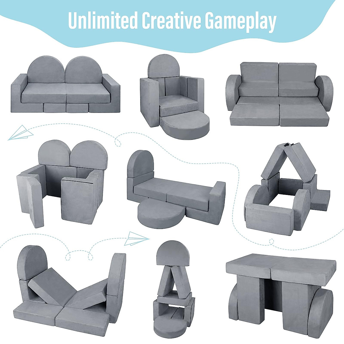 LEBENGURU Modular Toddler Foam Sofa, 7PCS Kids Play Couch for Playroom Bedroom, Child Nugget Couch Furniture for Teens, Sectional Sofa Gift for Imaginative Boys and Girls