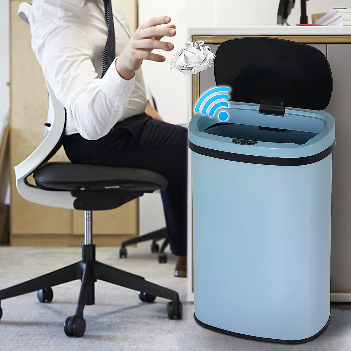 Dkeli Kitchen Trash Can for Bathroom Bedroom Home Office Automatic Touch Free High-Capacity Garbage Can with Lid Brushed Stainless Steel Waste Bin 13 Gallon / 50L - Blue