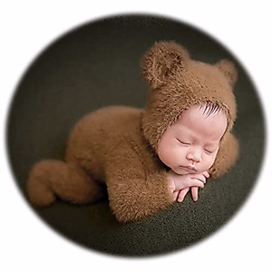 Newborn Photography Props Boy Outfits Bear Baby Girl Photo Props Outfits Hat Footed Romper Sleeved Stretch Set for Photoshoot (Brown)
