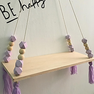 DEERWIN Hanging Shelf for Wall, Wood Hanging Shelves with Beads Tassels Boho Decor Swing Rope Rustic Floating Shelf，Wall Display Shelving Home Organizer Rack for Living Room Bedroom Kitchen (Purple)