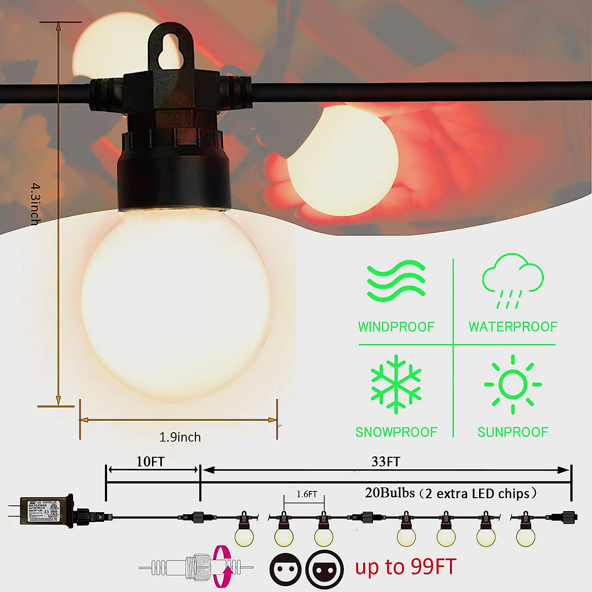 ENCHANT Outdoor String Light 43 FT Strand –LED Lights with 20 Bulbs (2 LED Chips Spare), Weatherproof Connectable Hanging for Patio Garden Bistro Café Night Party Decoration Warm White G50-G1