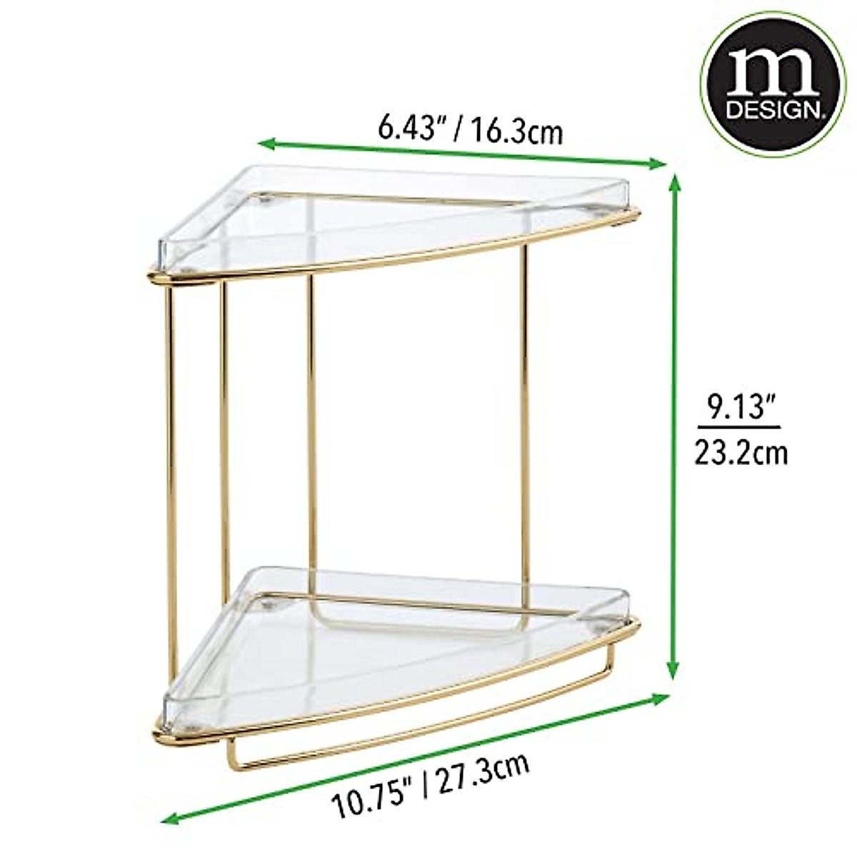 mDesign Steel/Plastic Freestanding Countertop Corner Shelf Organizer with 2-Tier Storage for Bathroom, Vanity, Cabinet, Counter - Holds Makeup, Bath Gel - Prism Collection - 2 Pack - Clear/Soft Brass