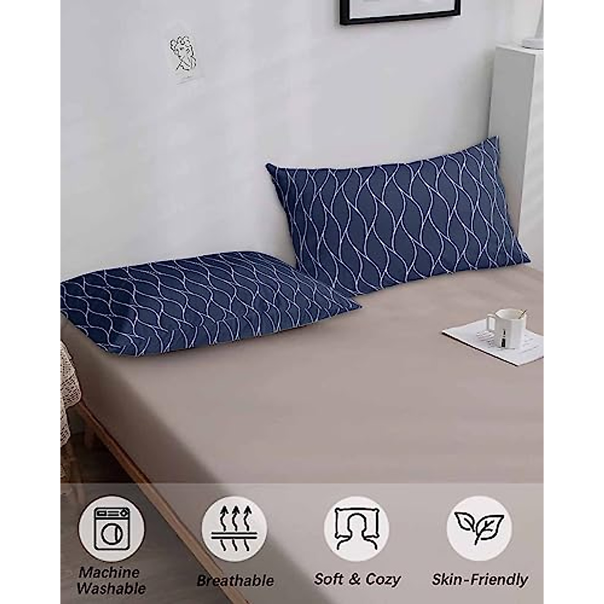 Edwiinsa Navy Blue Pillow Covers King Size 20x40 Bed Pillow, White Wave Pattern Modern Abstract Art Aesthetics Plush Soft Comfort for Hair/Skin Cooling Pillowcases with Envelop Closure