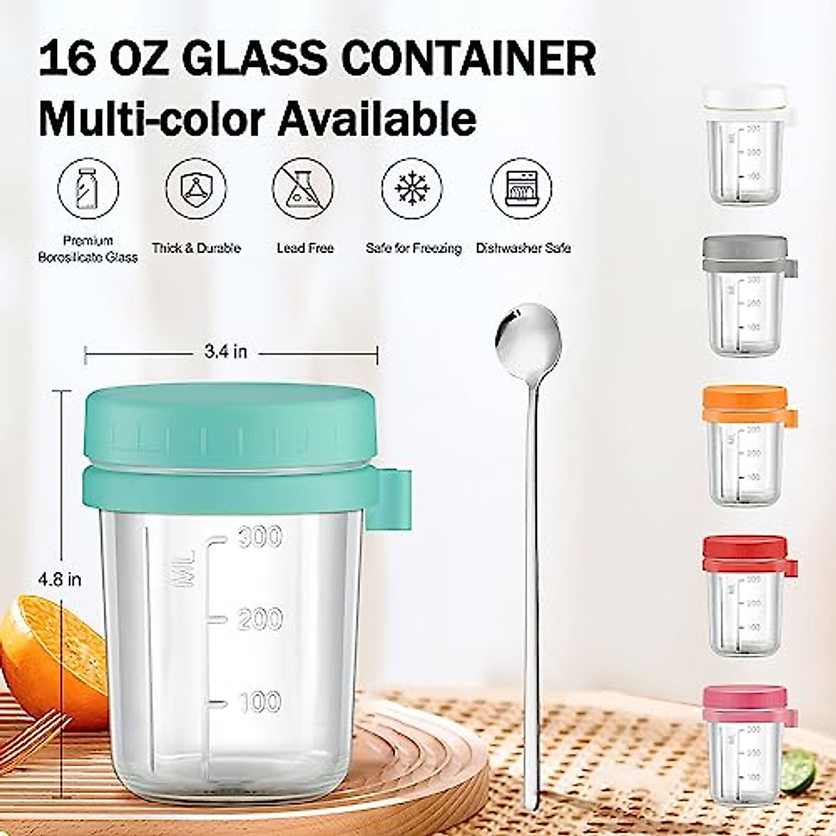 Tekuve Overnight Oats Containers with Lids and Spoon 2 Pack, Glass 16 oz Mason Jars with Airtight Lid for Overnight Oats Meal Prep Chia Yogurt Salad Fruit Red Orange