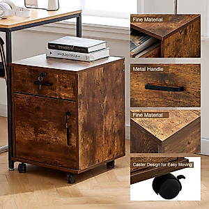 TUKAILAi Mobile File Cabinet with Lockable Drawer & Door, Under Desk Rolling Filing Cabinet with 4 Wheels, Wooden Stationery Storage Cabinet for Home Office (Rustic Brown)