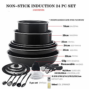 lzteck 24 Pieces Non-Stick Cookware Set with Oil Sprayer,Stackable Pans and Pots Set with Removable Handles, Space Efficient RVs and Camping,Oven,Induction,Gas,Electric & Stovetops,Dishwasher Safe