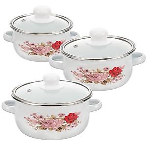 Yardwe 3pcs Enamelware Pot Set, Enamel Stockpot with Lid Floral Retro Cooking Pot Simmer Pot Deep Enamelware Soup Pot for Home Restaurant