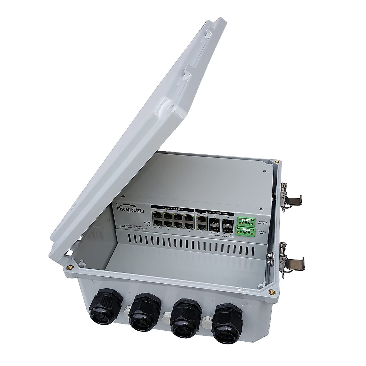 Inscape Data Managed IP68 Outdoor PoE Switch, LPS3800ATM-T1, 14-Port Gigabit, 2X Gigabit RJ45, 4X SFP Fiber Uplink, IEEE 802.3af/at, 240W,