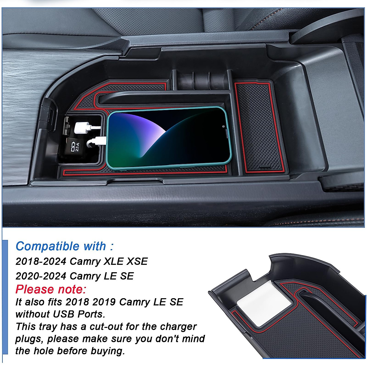 TOPINSTALL Red Center Console Organizer Compatible with 2018-2023 2024 Toyota Camry XLE XSE and 2020-2024 Camry LE SE with Dual USB Ports, Interior Accessories Armrest Tray Insert (Not for 2025)