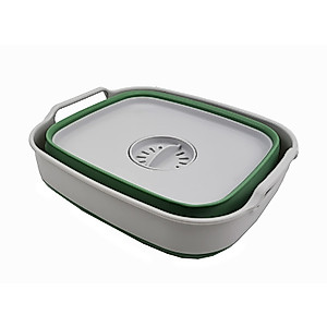 SAMMART 9L Collapsible Dishpan with Draining Plug - Foldable Washing Basin - Portable Dish Washing Tub - Space Saving Kitchen Storage Tray (Grey/Dark Sea Green, 1)