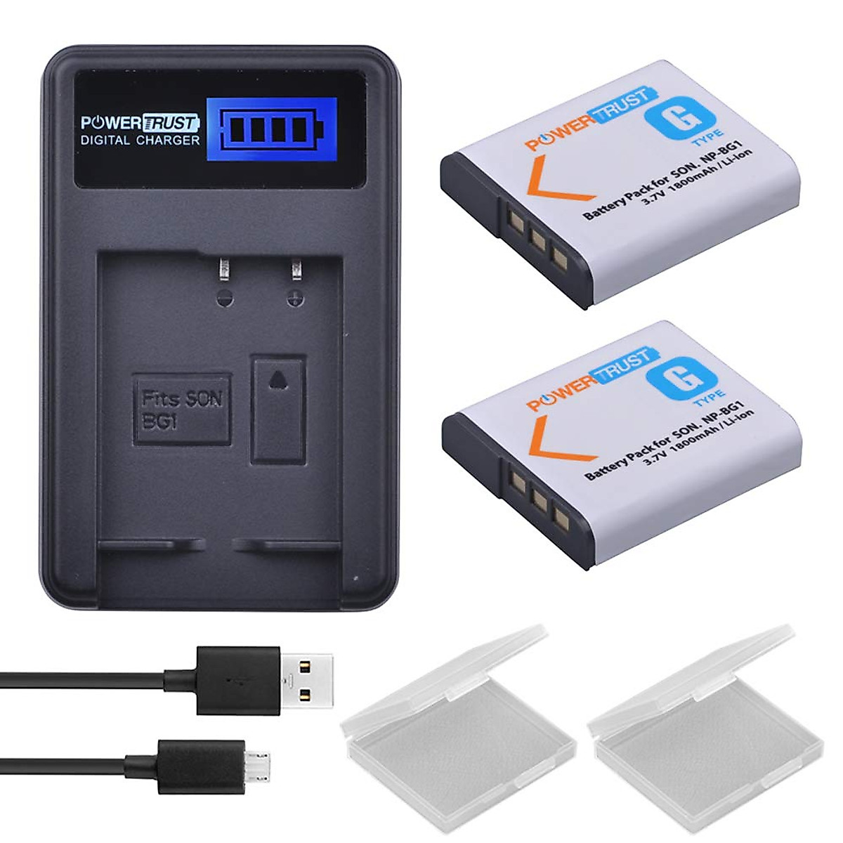 Powertrust 2 Pack NP-BG1 NP-FG1 BG1 Camera Battery and LCD USB Charger for Sony DSC W130 W210 W220 W300 H10 H50 H70 W290 HX7 HX10 HX30 WX10 H55 HX9 T20