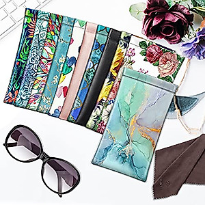 Fintie [2 Pack] Eyeglasses Pouch with Cleaning Cloth, Portable Squeeze Top Leather Glasses Case Sunglasses Bag, Emerald Marble + Blooming Hibiscus