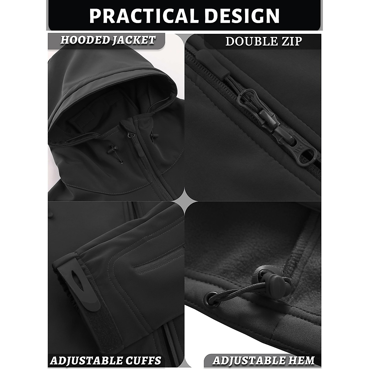 TACVASEN Men's Classic Fleece Liner Hooded Outwear Softshell Tactical Jacket Black,US L