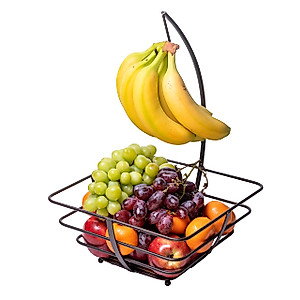 Francois et Mimi Large-Sized Fruit Bowl Tree Basket with Banana Hanger, Wood Base (Bronze)