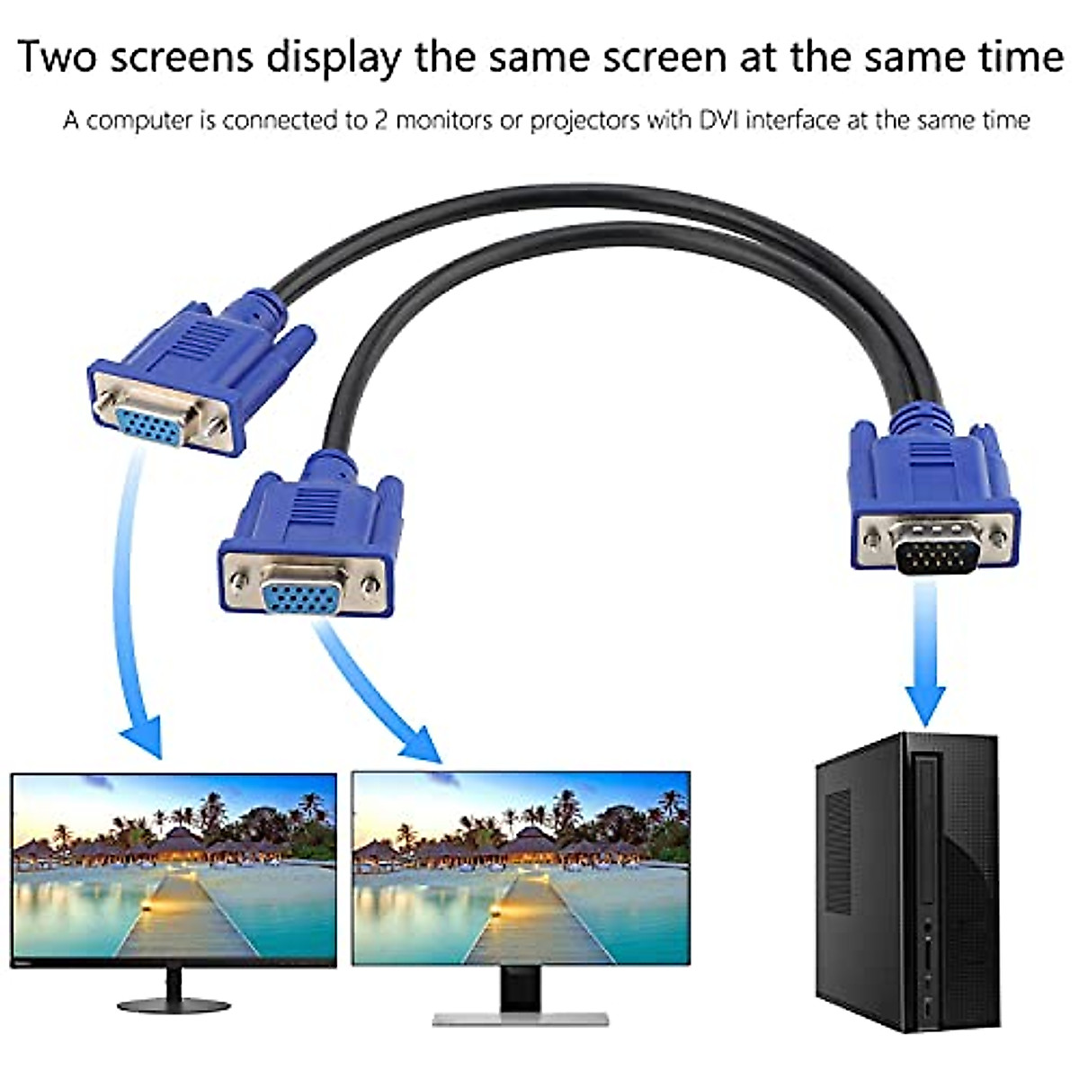 PASOW VGA Splitter Cable Dual VGA Monitor Y Cable 1 Male to 2 Female Adapter Converter Video Cable for Screen Duplication - 1 Feet (No Screen Extension)