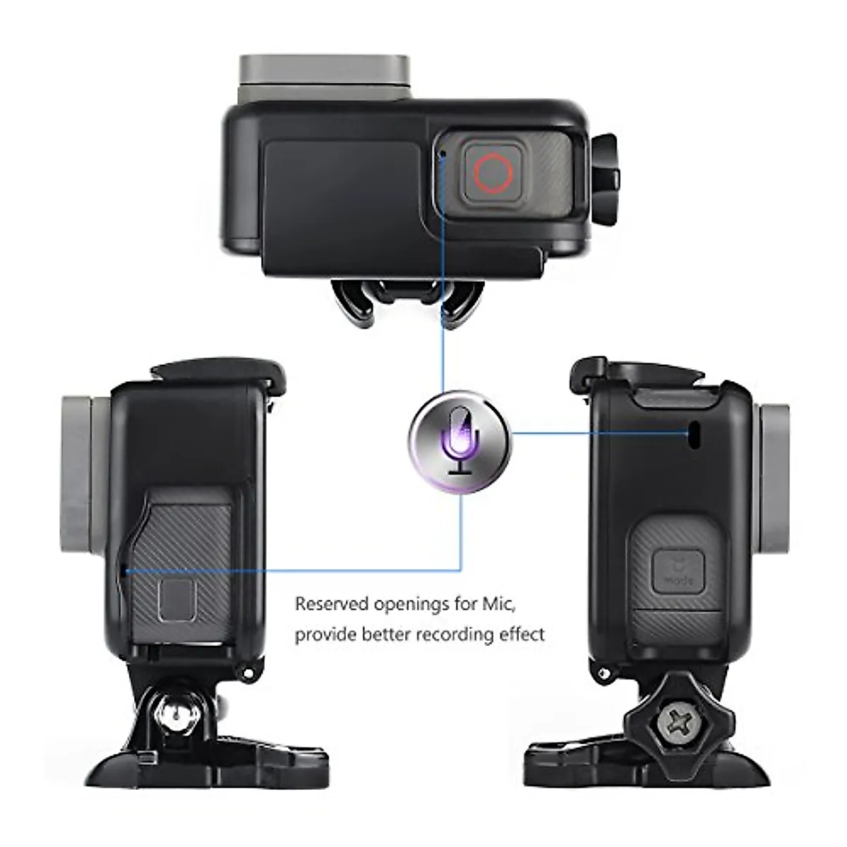 Frame Mount Housing Case for GoPro Hero 5/6/7 Black Action Camera - Protective Case with Quick Release Buckle, Long Thumb Bolt Screw, and Lens Cap - Black