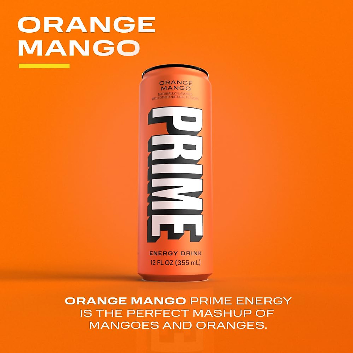 PRIME Energy ORANGE MANGO | Zero Sugar Energy Drink | Preworkout Energy | 200mg Caffeine with 355mg of Electrolytes and Coconut Water for Hydration| Vegan | Gluten Free |12 Fluid Ounce | 12 Pack