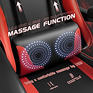 Shahoo Gaming Chair with Footrest and Massage Lumbar Support, Video Racing Seat Height Adjustable with 360°Swivel and Headrest for Office or Bedroom, Red