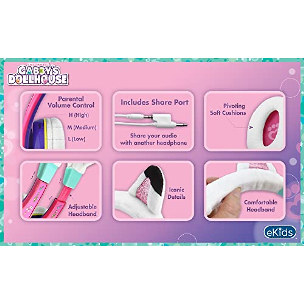 eKids Gabbys Dollhouse Headphones for Kids, Wired Headphones for School, Home or Travel, Tangle Free Toddler Headphones with Volume Control, 3.5mm Jack, Includes Headphone Splitter