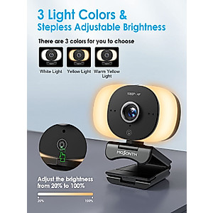 MOSONTH Webcam with Microphone, 60FPS Autofocus Computer Camera with 3 Light Colors, Web Camera with Built-in Privacy Cover, Tripod, Streaming Webcam for Conferencing, Teaching