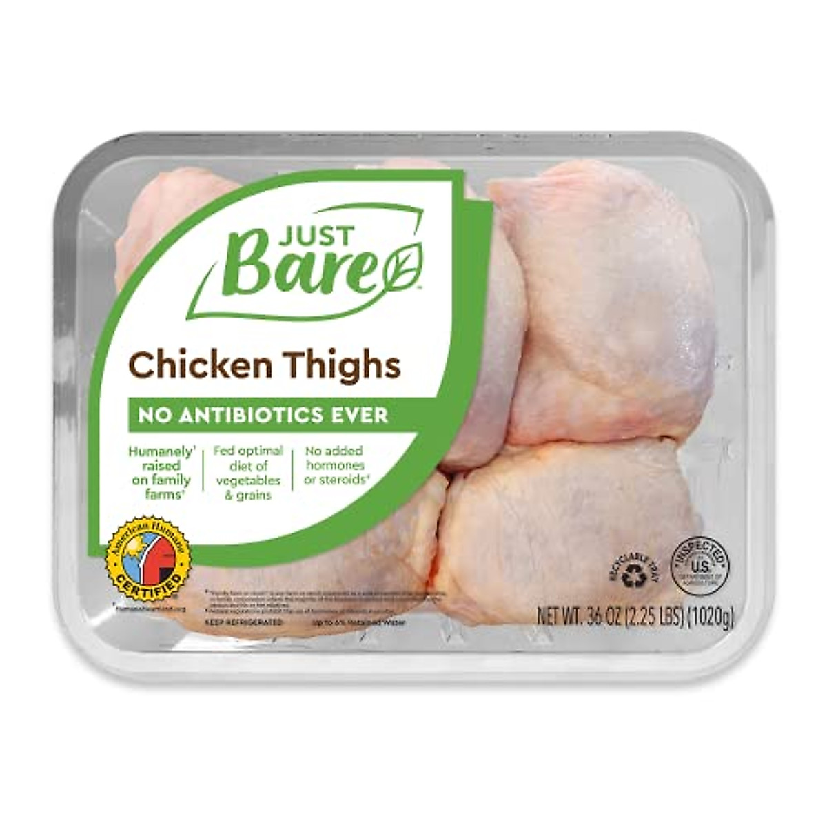 Just Bare® All Natural Fresh Chicken Thighs | Family Pack | No Antibiotics Ever | Bone-In | 2.25 LB