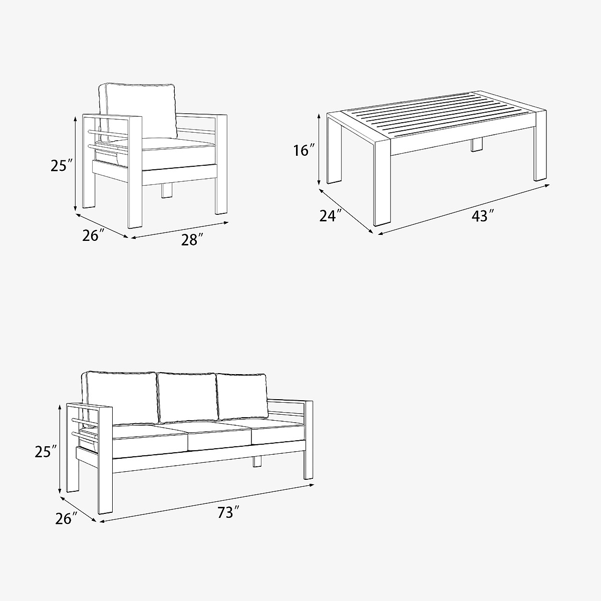 Aeeiua 4 Pieces Aluminum Outdoor Patio Furniture Set with Coffee Table, Modern Metal Conversation Sofa Set with Deep Seating
